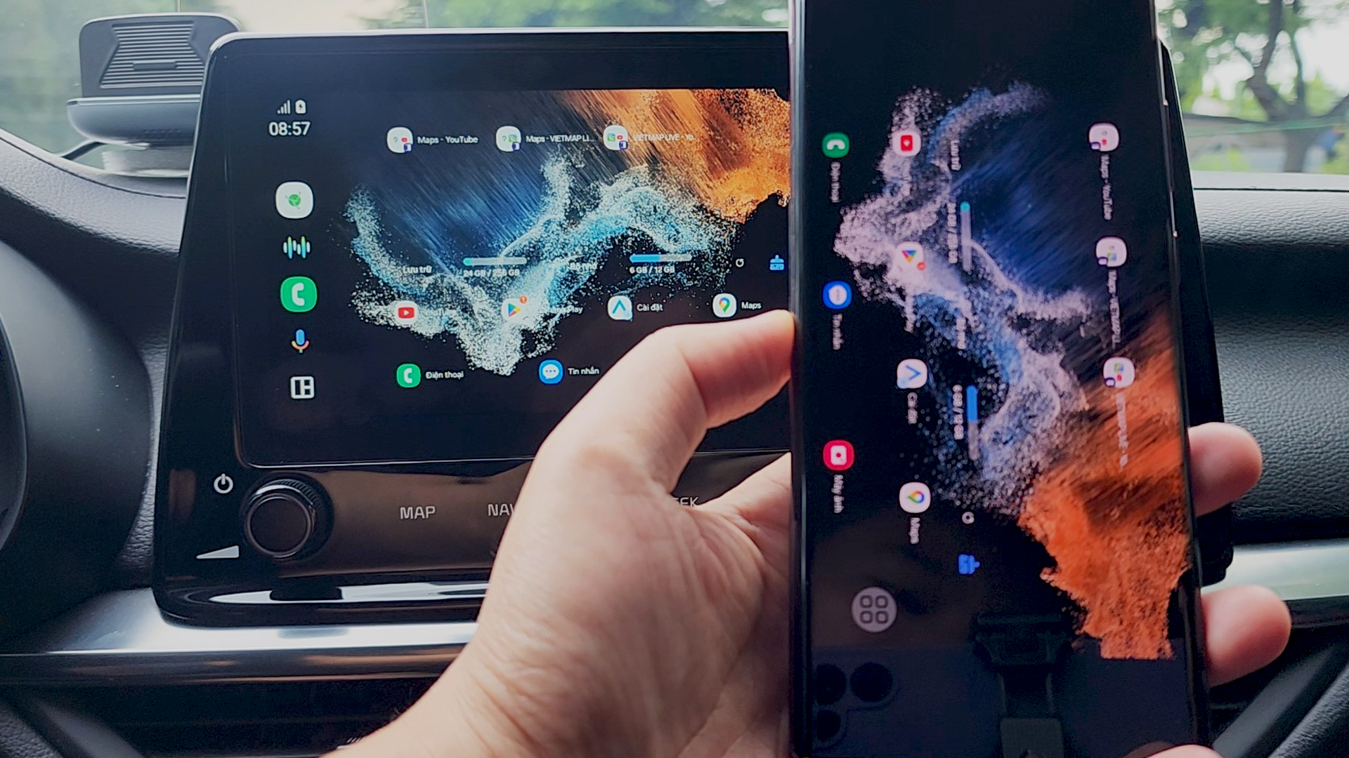 Samsung S22 Ultra ROOT cài Android Auto chiếu màn hình như Android Box.